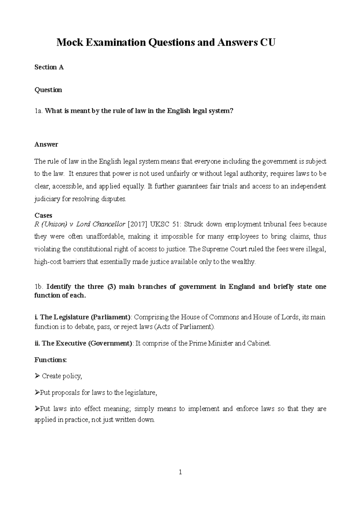 Mock Exam Q&A on Rule of Law & Arbitration CU - Studocu