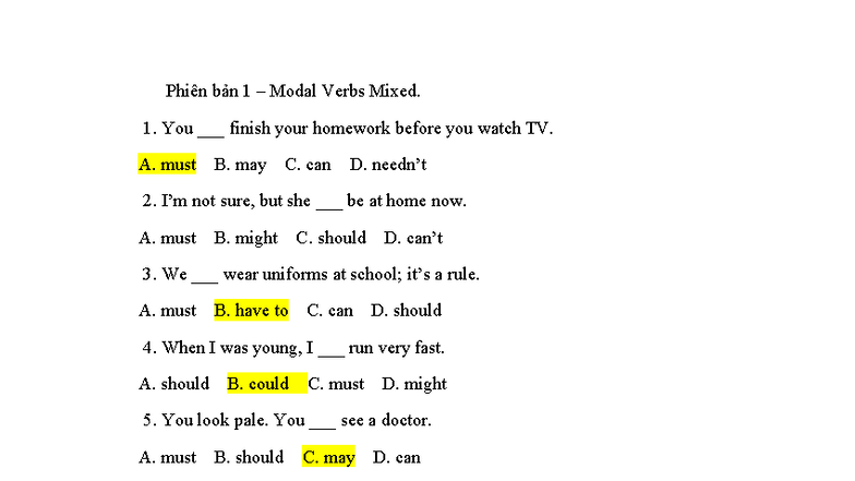 Modal Verbs Mixed Exercises - Version 1, 2, & 3 - Studocu