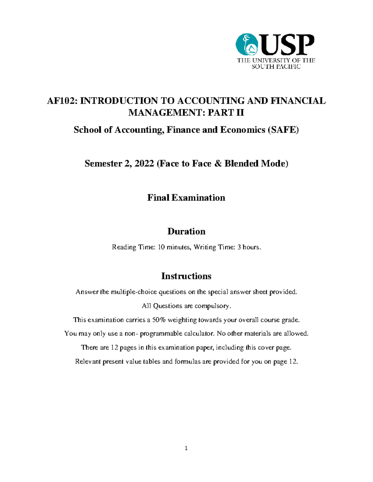 AF102: Final Exam on Accounting & Financial Management - Semester 2 ...