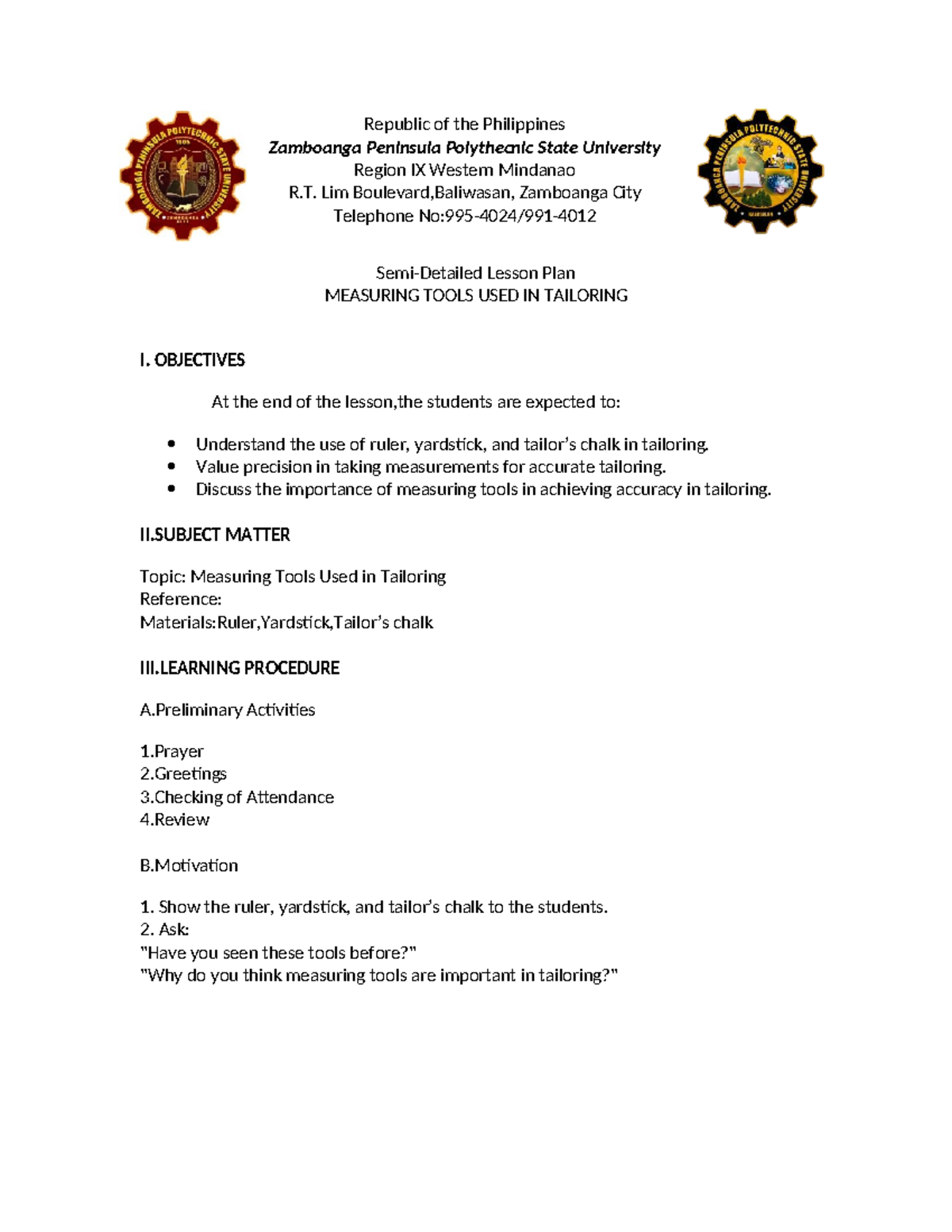 Lesson Plan: Measuring Tools in Tailoring (MEASURING TOOLS) - Studocu
