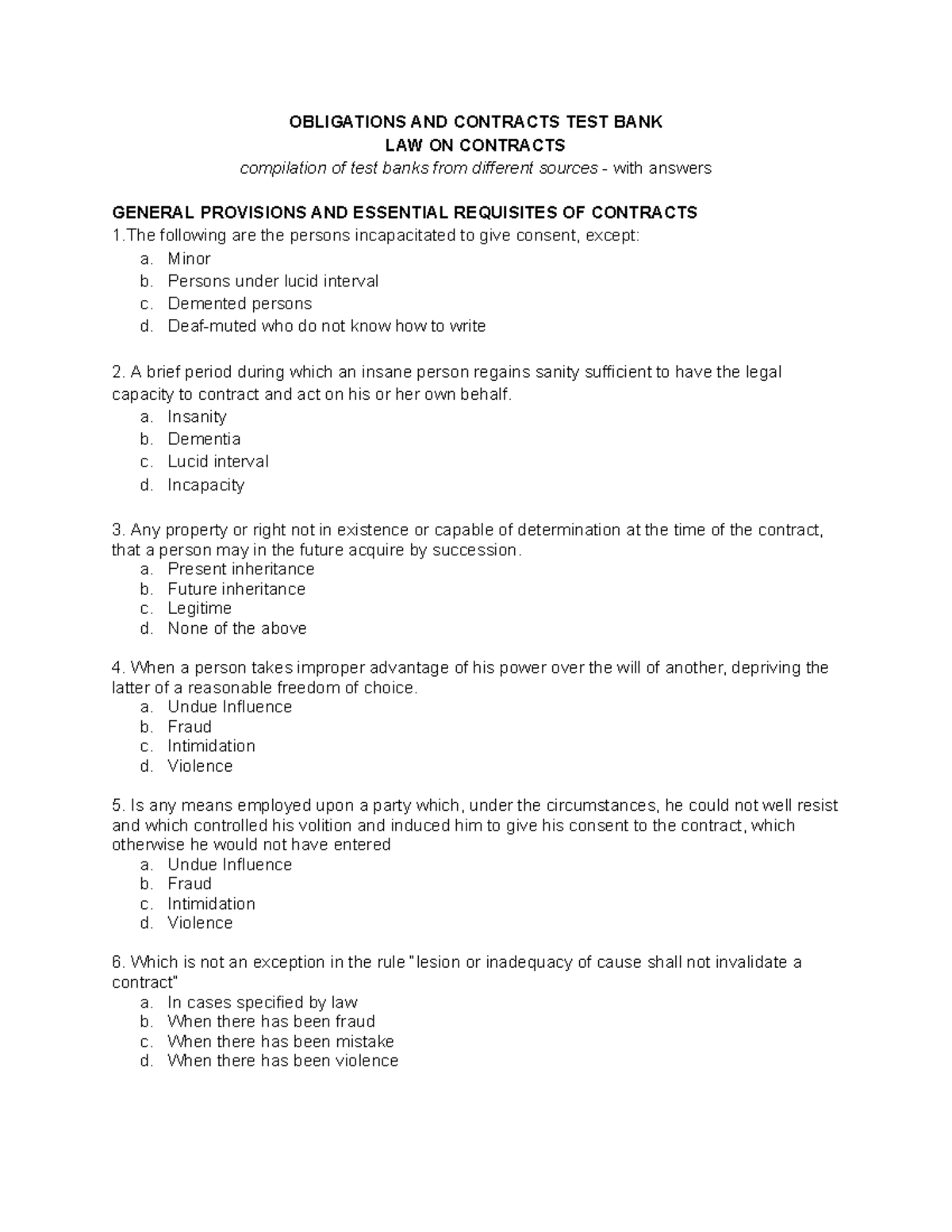 OBLIGATIONS & CONTRACTS TEST BANK (LAW 101) - COMPREHENSIVE QUESTIONS ...