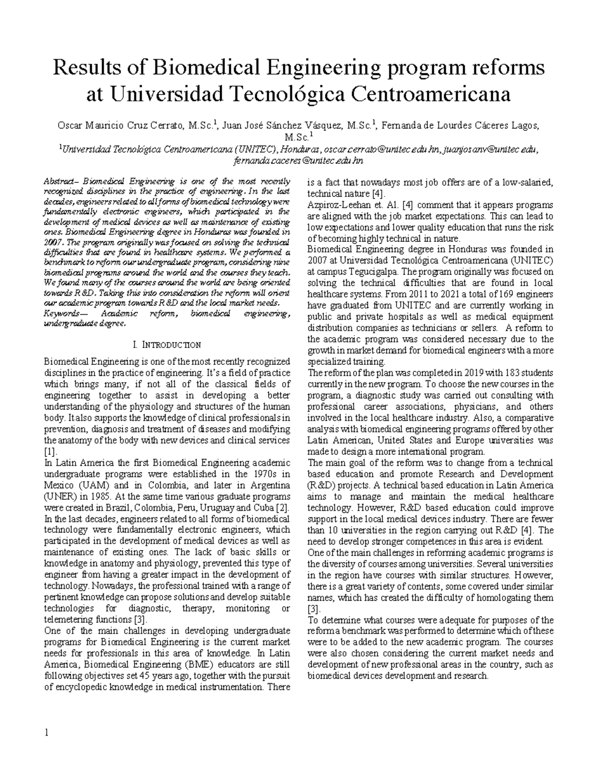 Reforming the Biomedical Engineering Program at UNITEC: A Benchmark ...