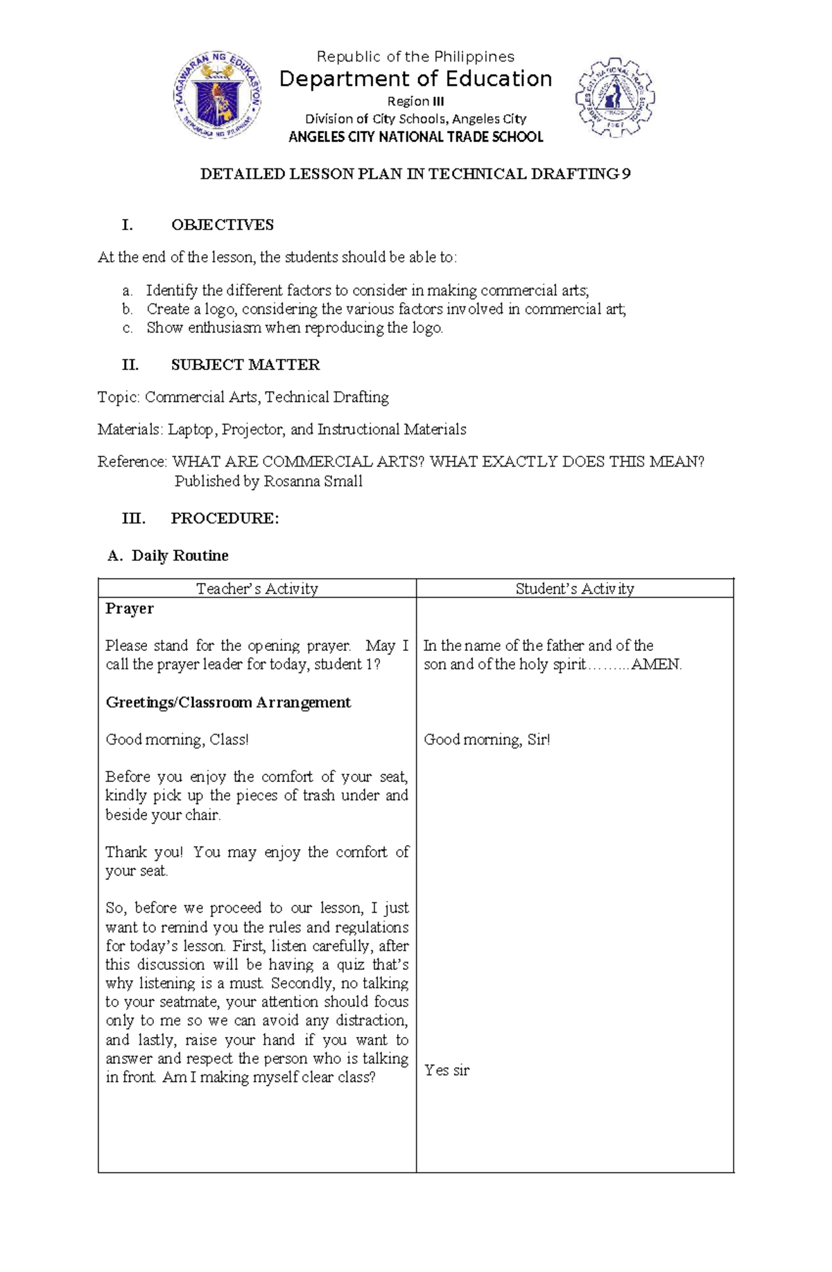Detailed Lesson Plan in Technical Drafting 9: Exploring Commercial Arts ...