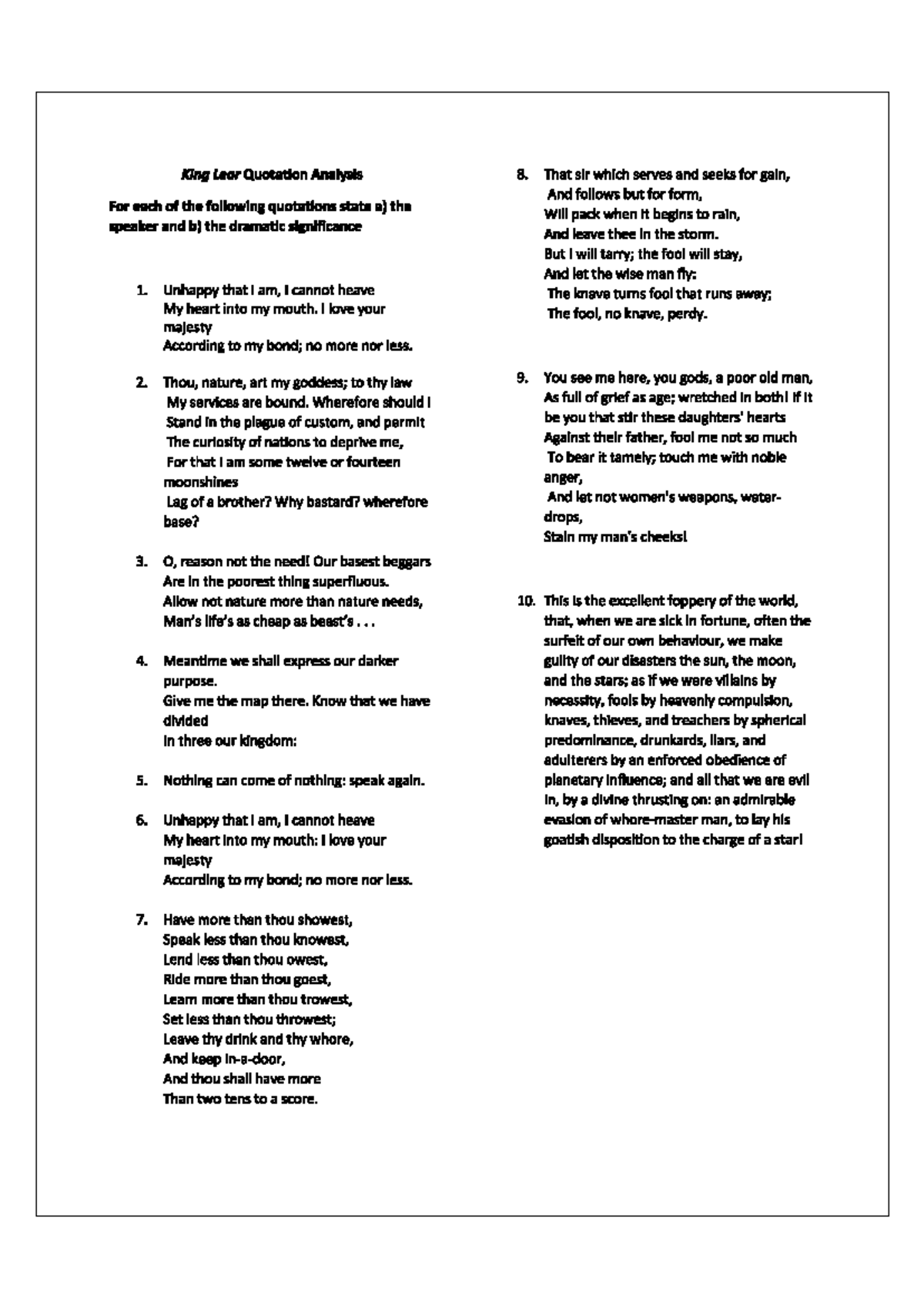 King Lear Quotation Analysis: Dramatic Significance - Studocu