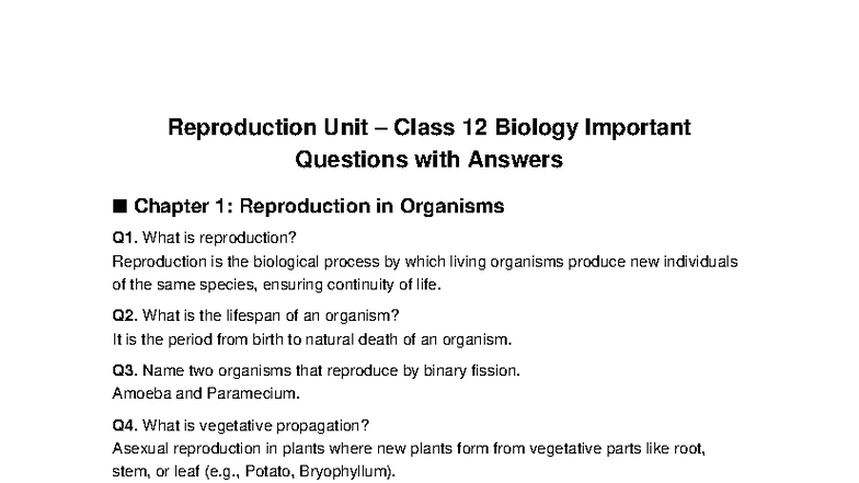 Reproduction Unit Class 12 Biology Important Q&A on Organisms - Studocu