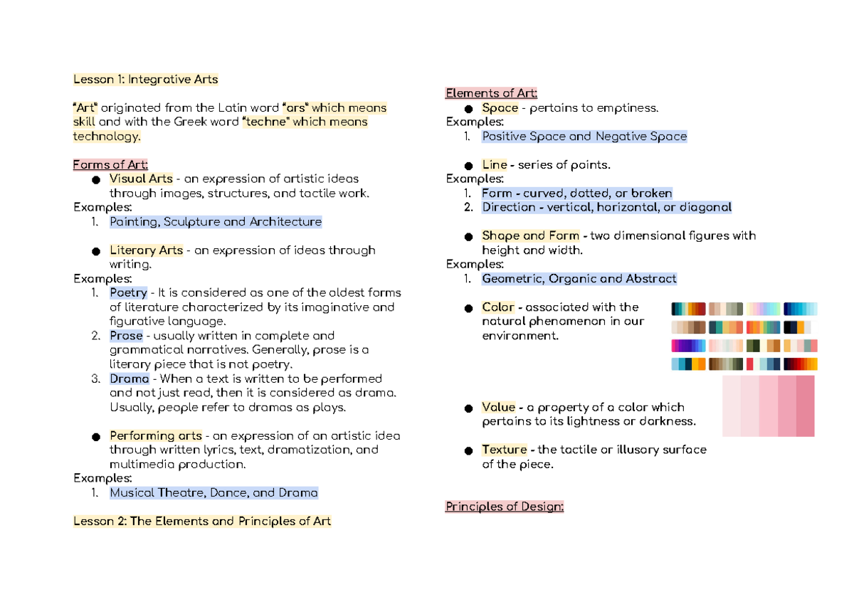 CPAR- Notes-nkm - Arts notes - Lesson 1: Integrative Arts “Art ...