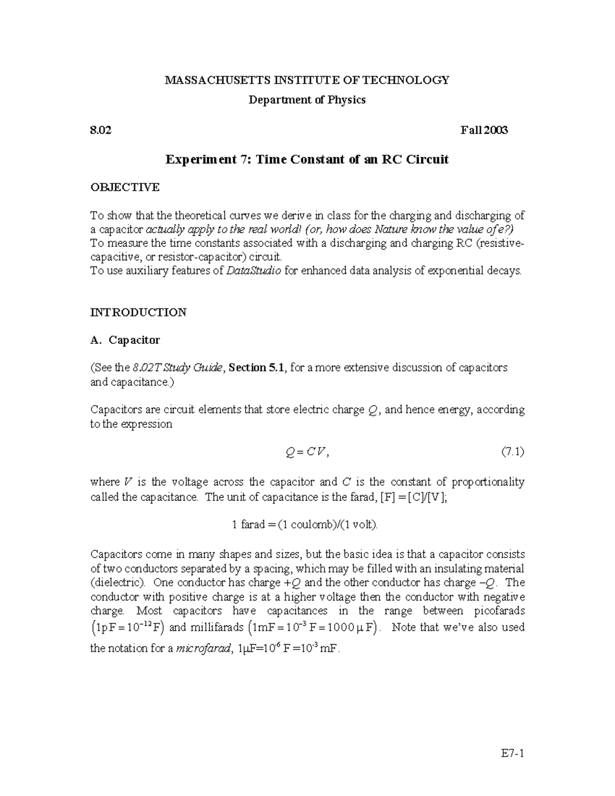 8.02 Fall 2003 Experiment 7: Time Constant of RC Circuits - Studocu