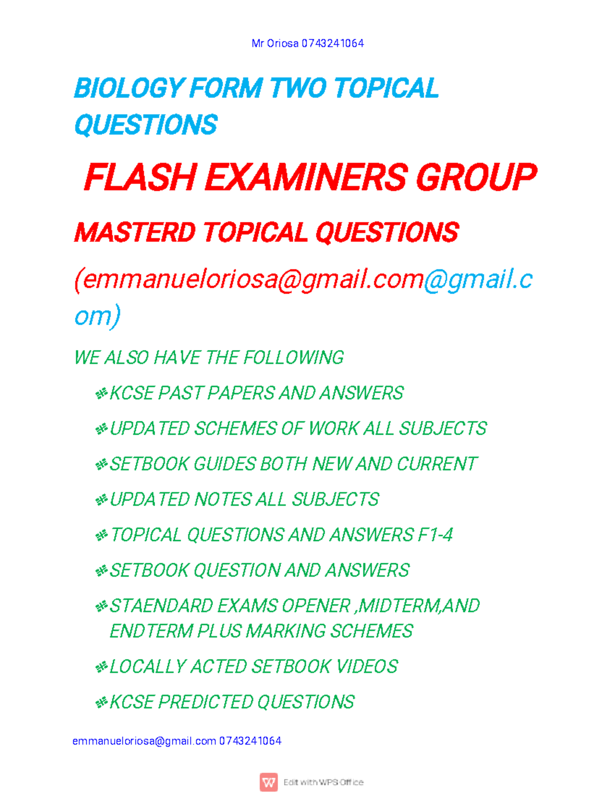 FORM TWO Biology Topical Questions - Mr Oriosa 0743241064 ...