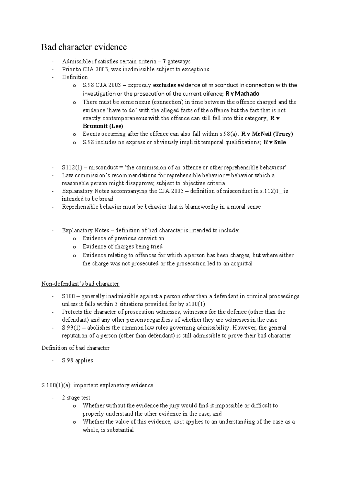 Bad character evidence and the 7 gateways under CJA 2003 - Studocu