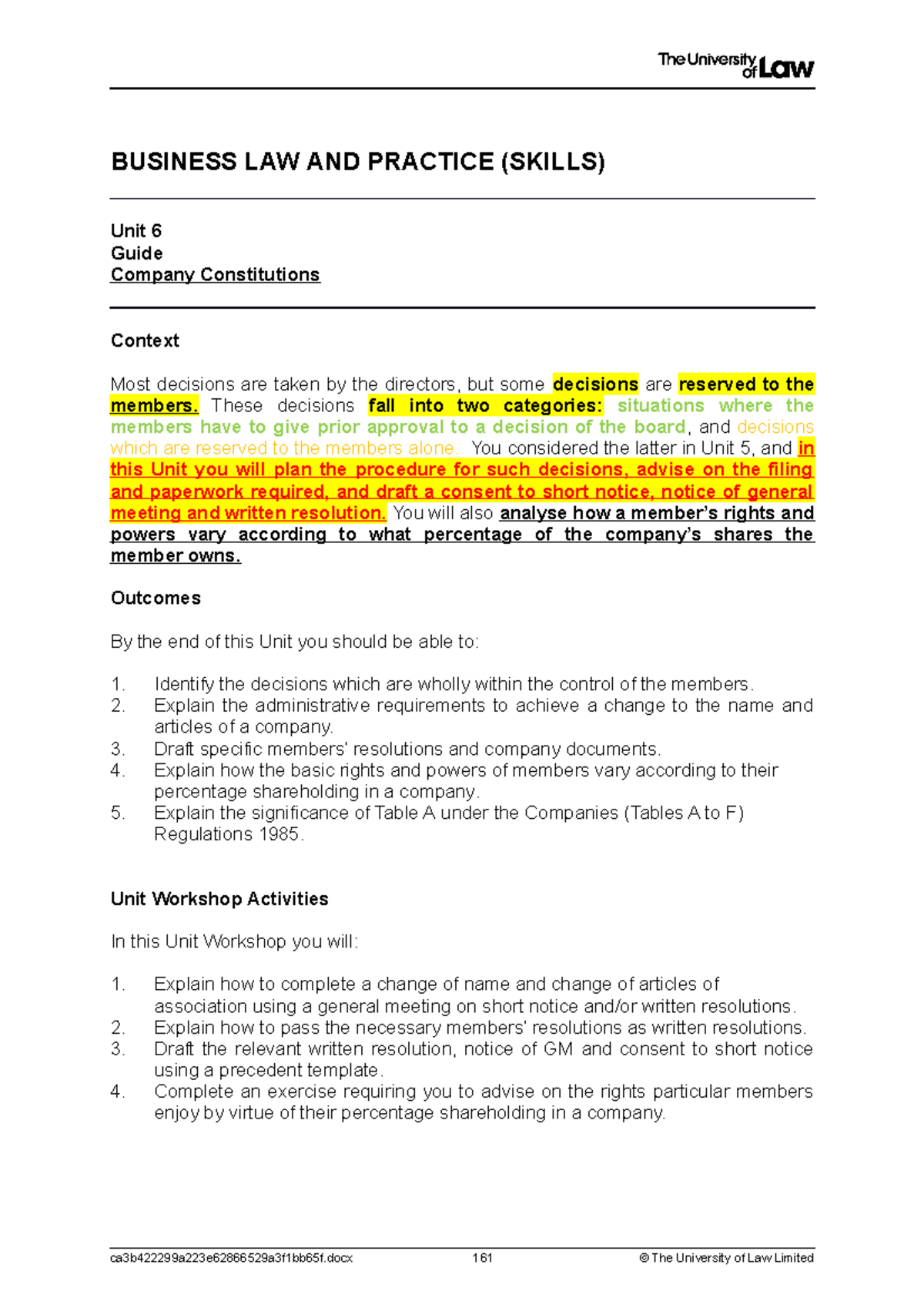 Business Law and Practice (Skills) Unit 6 Workshop Notes - Studocu