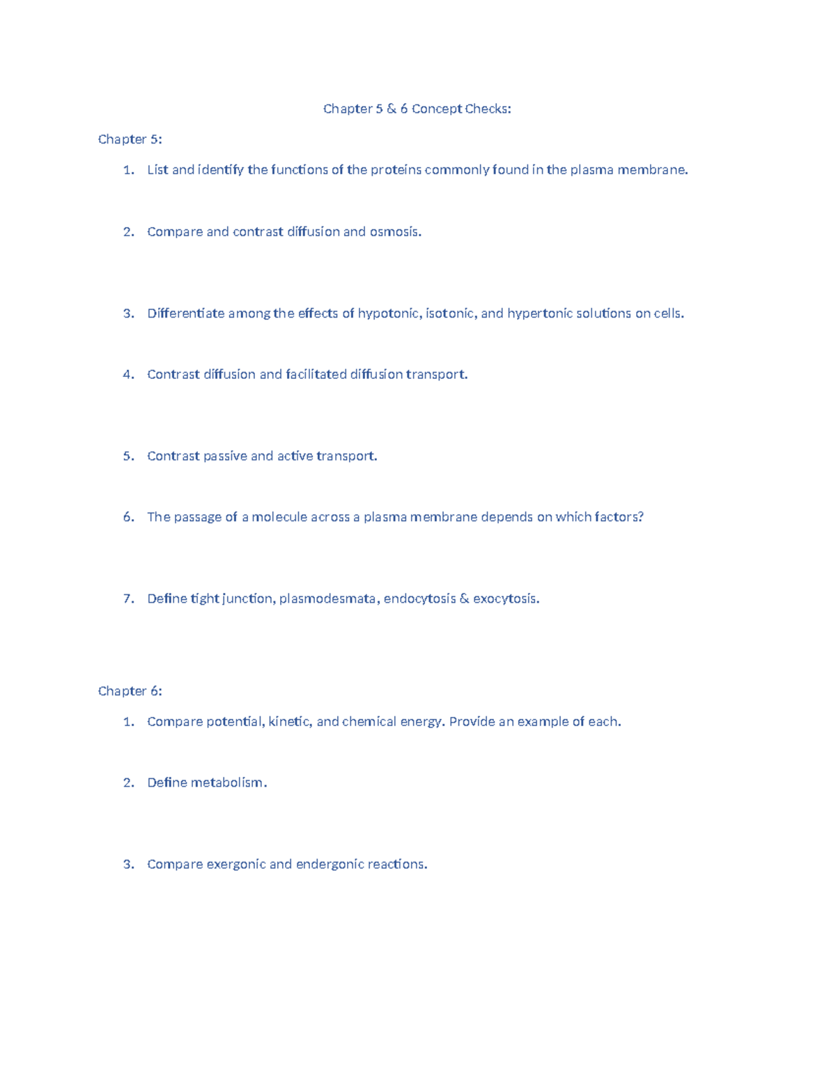 Concept Checks for Chapters 5 & 6: Cellular Processes and Energy Types - Chapter 5 & 6 Concept ...