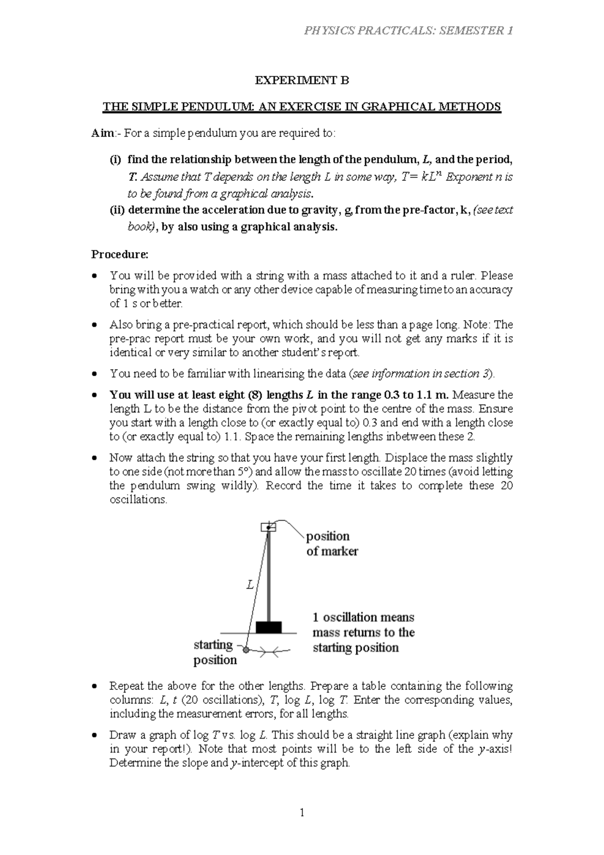 PHYS 101: Experiment B - Simple Pendulum Analysis & Gravity Measurement - Studocu