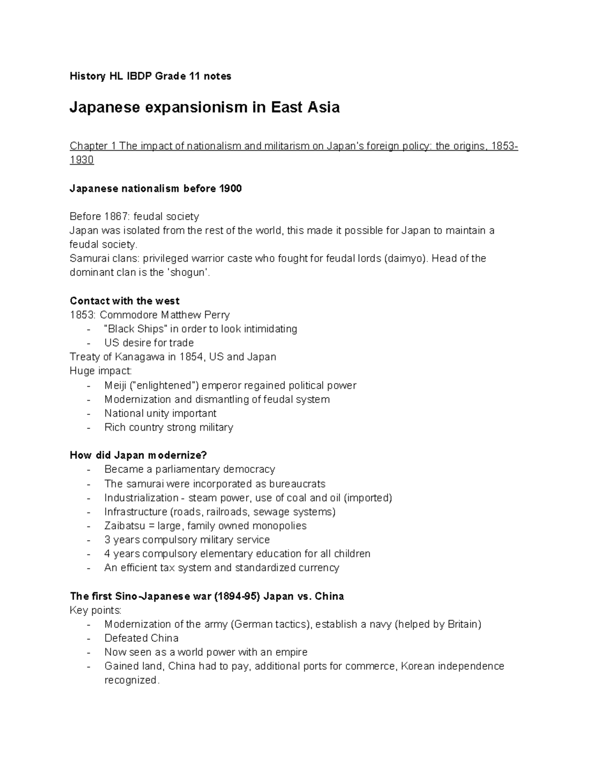 History HL IBDP Grade 11 Notes: Japanese Expansionism in East Asia ...