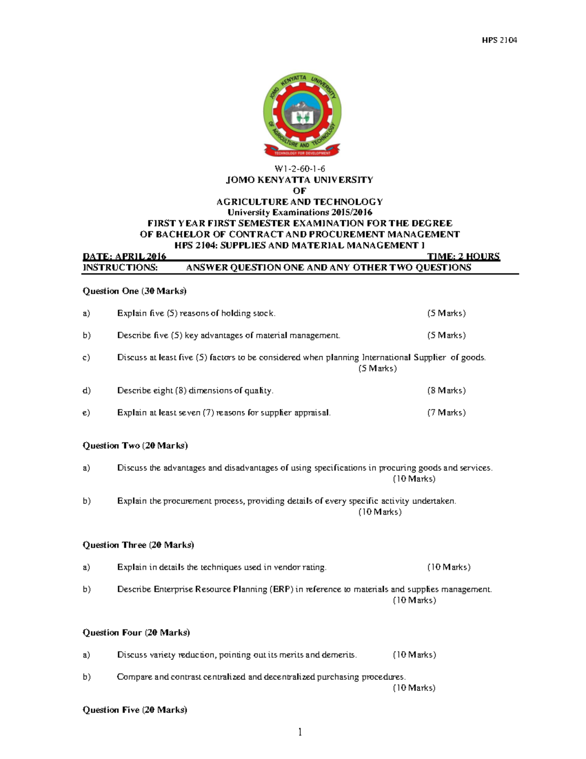 HPS 2104 Final Exam Past Papers: Supplies and Material Management ...