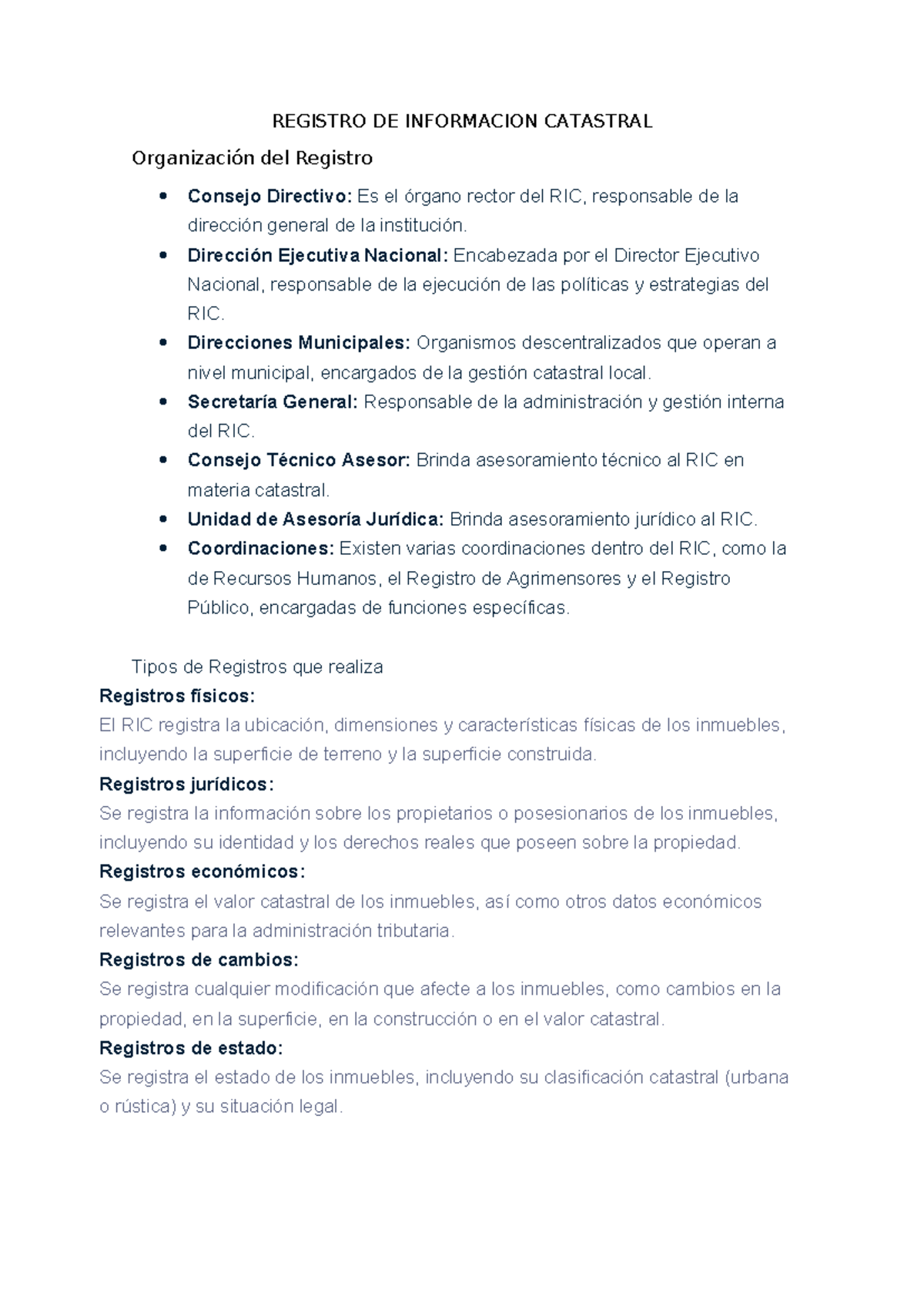 Registro de Información Catastral: Estructura y Funciones del RIC - Studocu