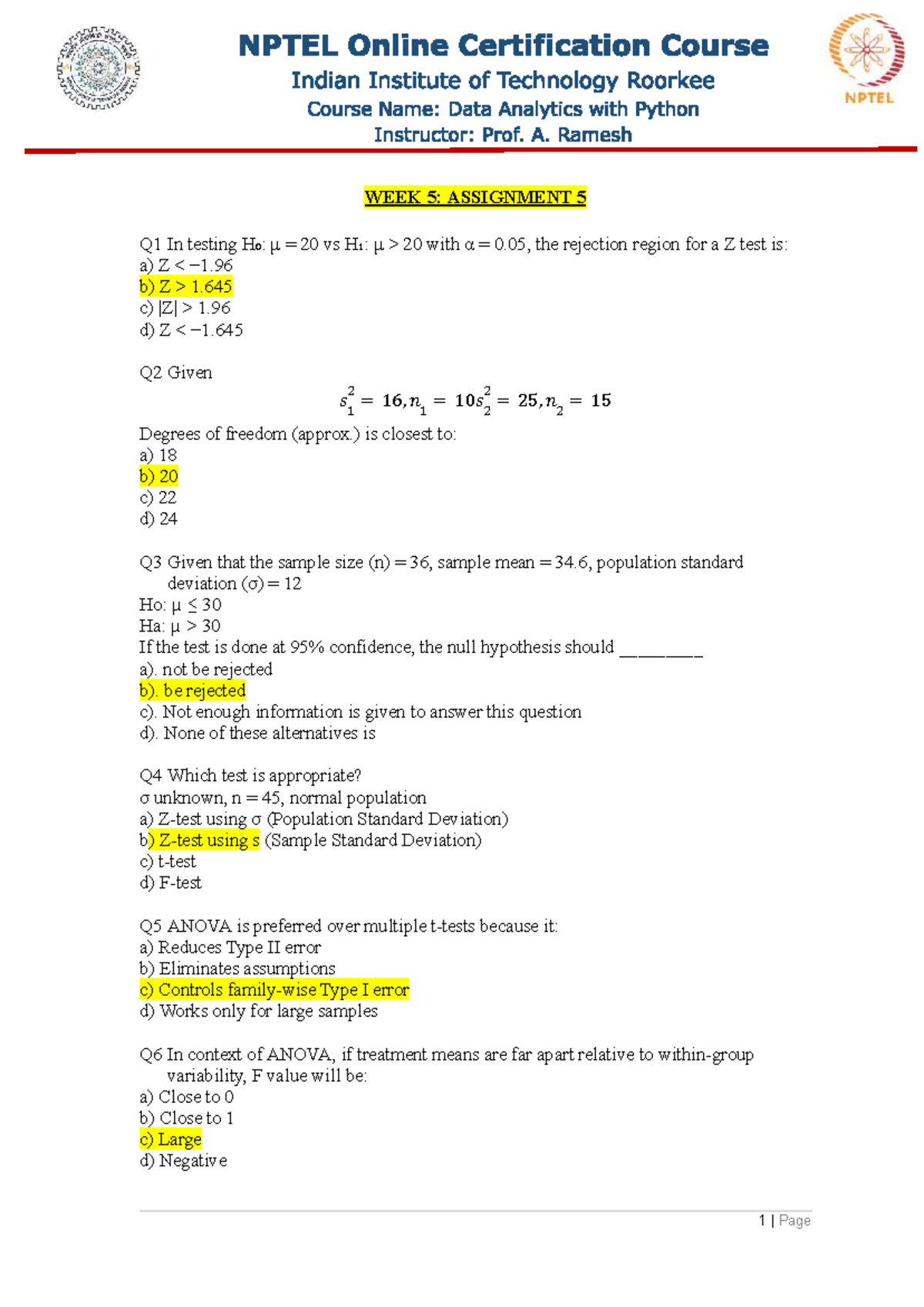 Week 5 Assignment 5 Solutions: Hypothesis Testing & Z Test Analysis ...