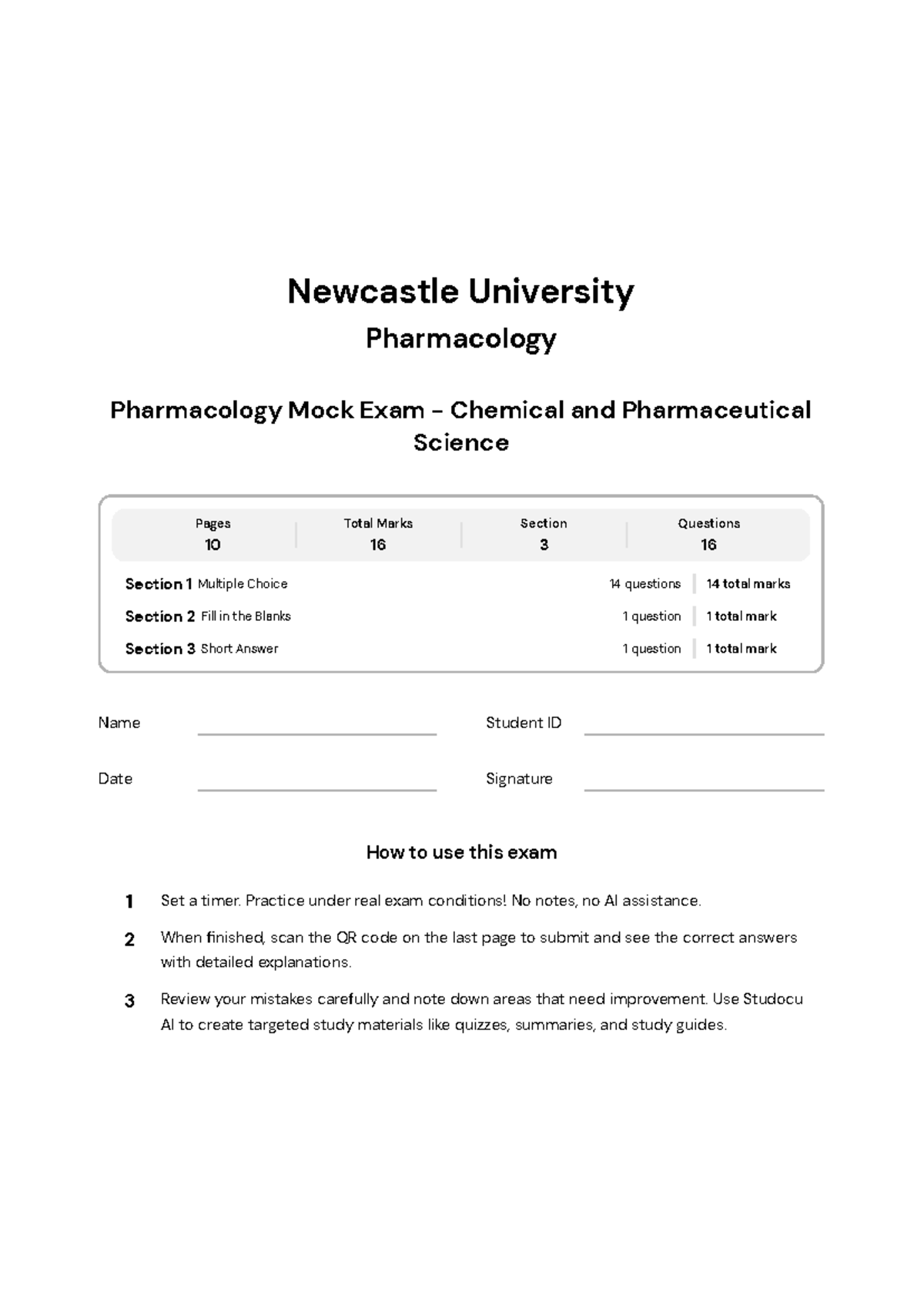 Pharmacology Mock Exam - Chemical and Pharmaceutical Science - Studocu