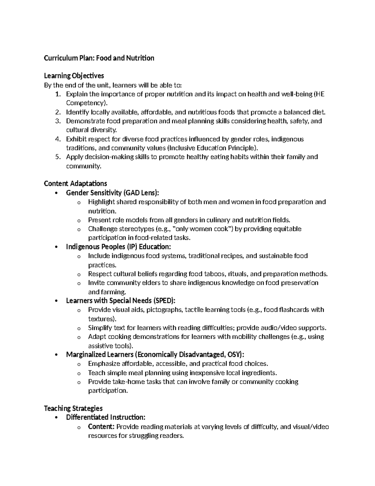 Curriculum Plan: Food & Nutrition Learning Objectives (HE) - Studocu
