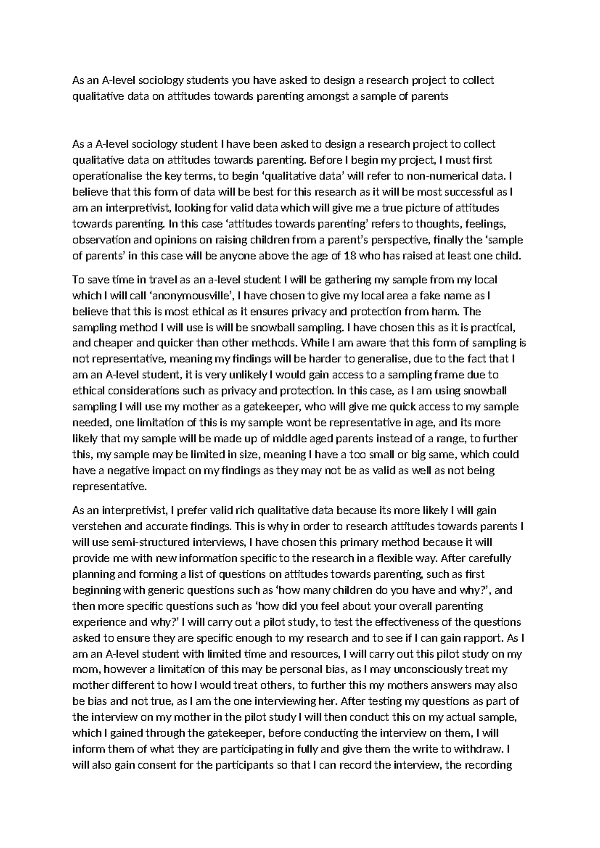 C2 Sociology Research Project: Qualitative Study on Parenting Attitudes ...