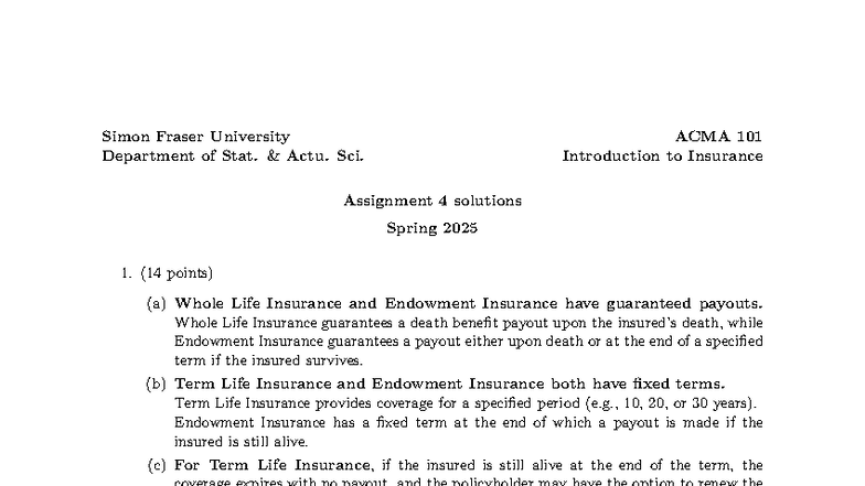 ACMA 101 Assignment 4 Solutions - Introduction to Insurance - Studocu
