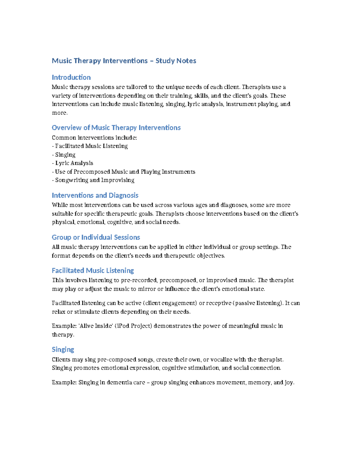 Music Therapy Interventions Study Notes: Techniques & Applications ...