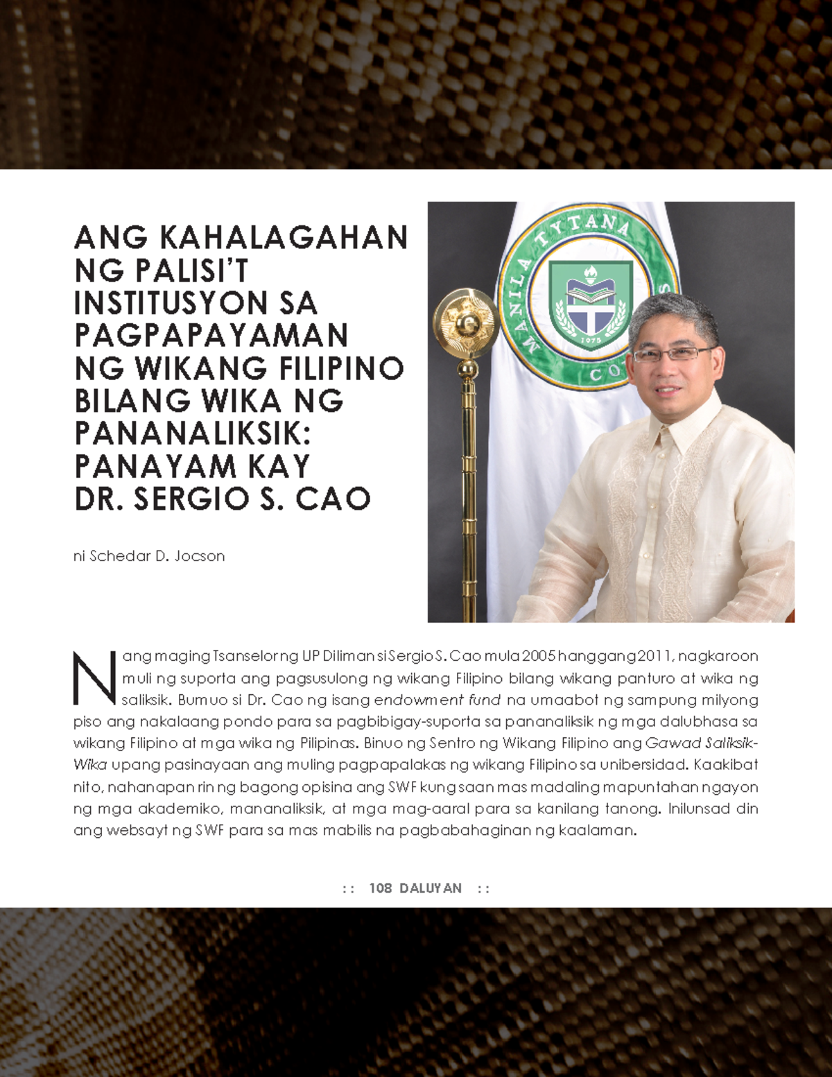 Wikangpananaliksik: Panayam kay Dr. Sergio S. Cao sa UP Diliman - Studocu