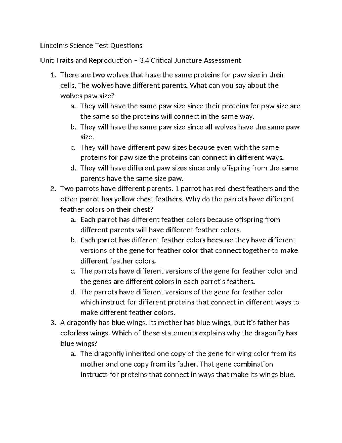 Lincoln Science Test on Unit Traits and Reproduction - 3.4 Critical ...