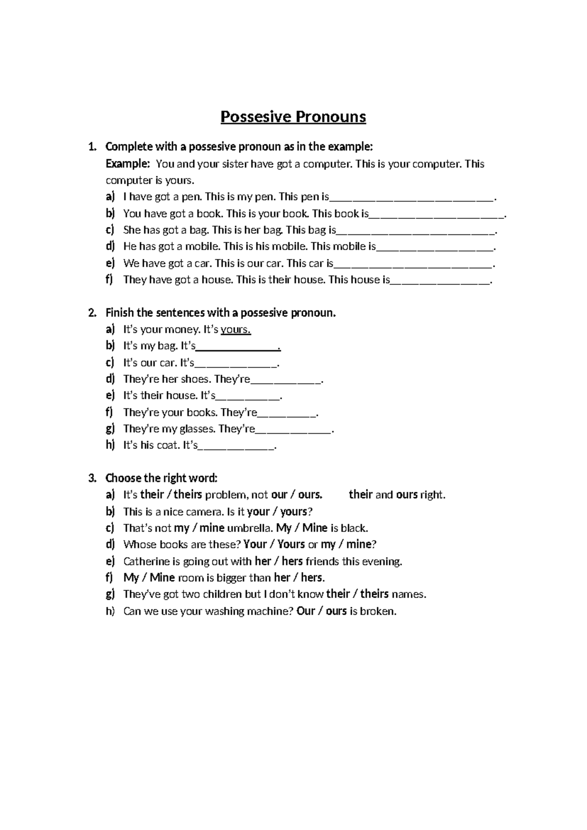 Possessive Pronouns Practice - English Grammar Exercise - Studocu