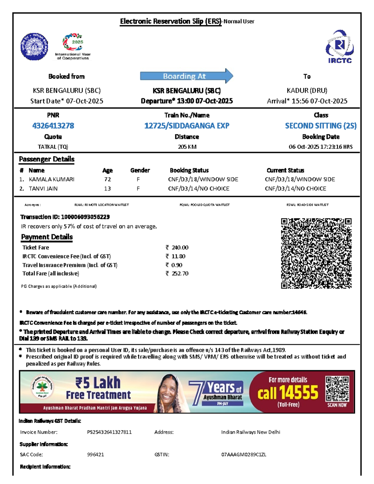 Electronic Reservation Slip for Train 4326413278 - KSR to KADUR - Studocu