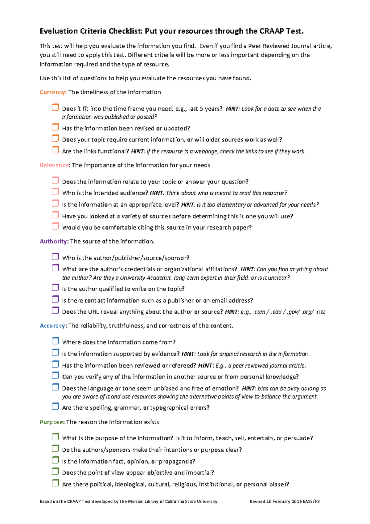 CRAAP Test Checklist for Resource Evaluation EASS/PB 3 - Studocu