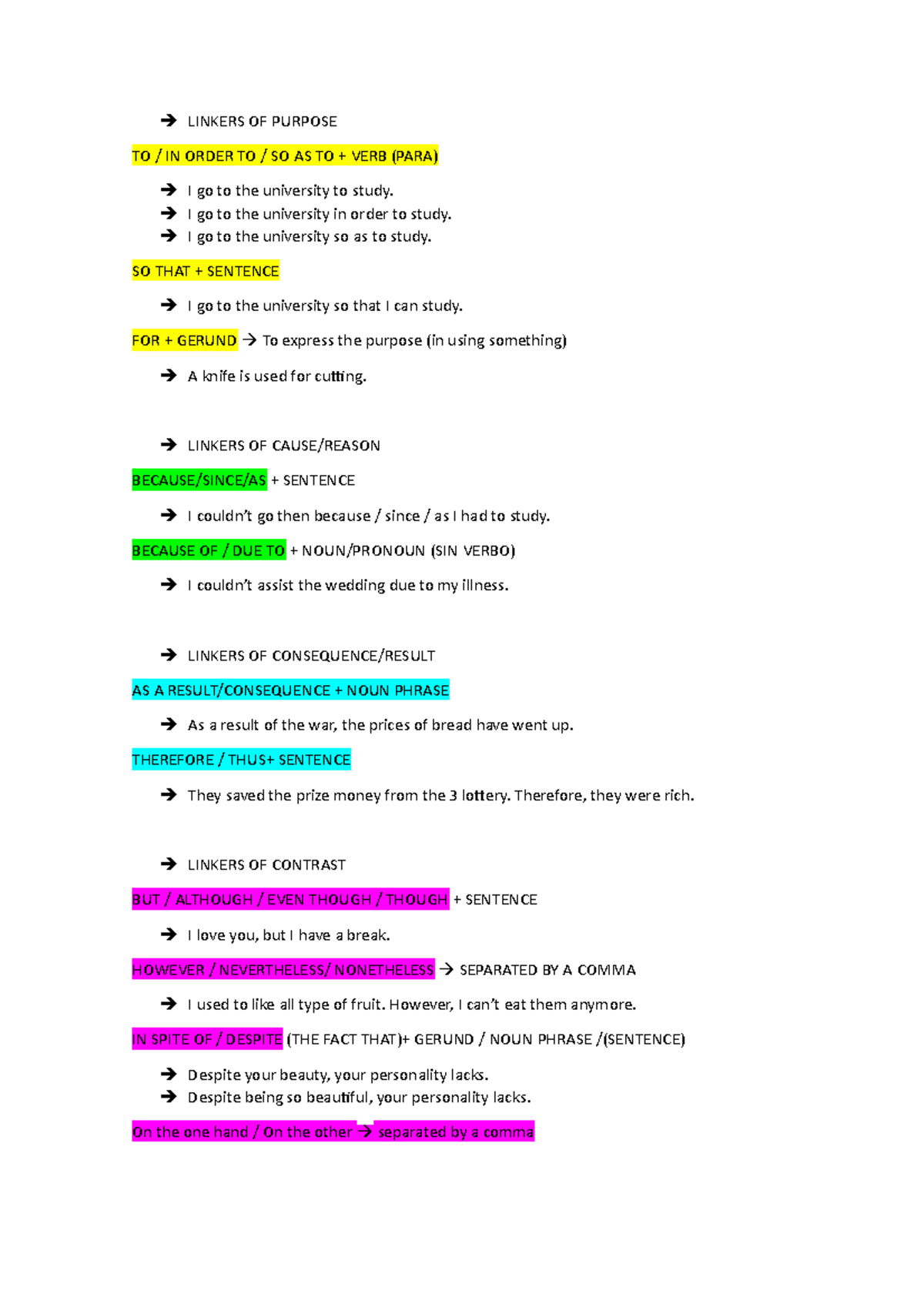 Linkers of Purpose and Other Connectors: Grammar Notes - Studocu