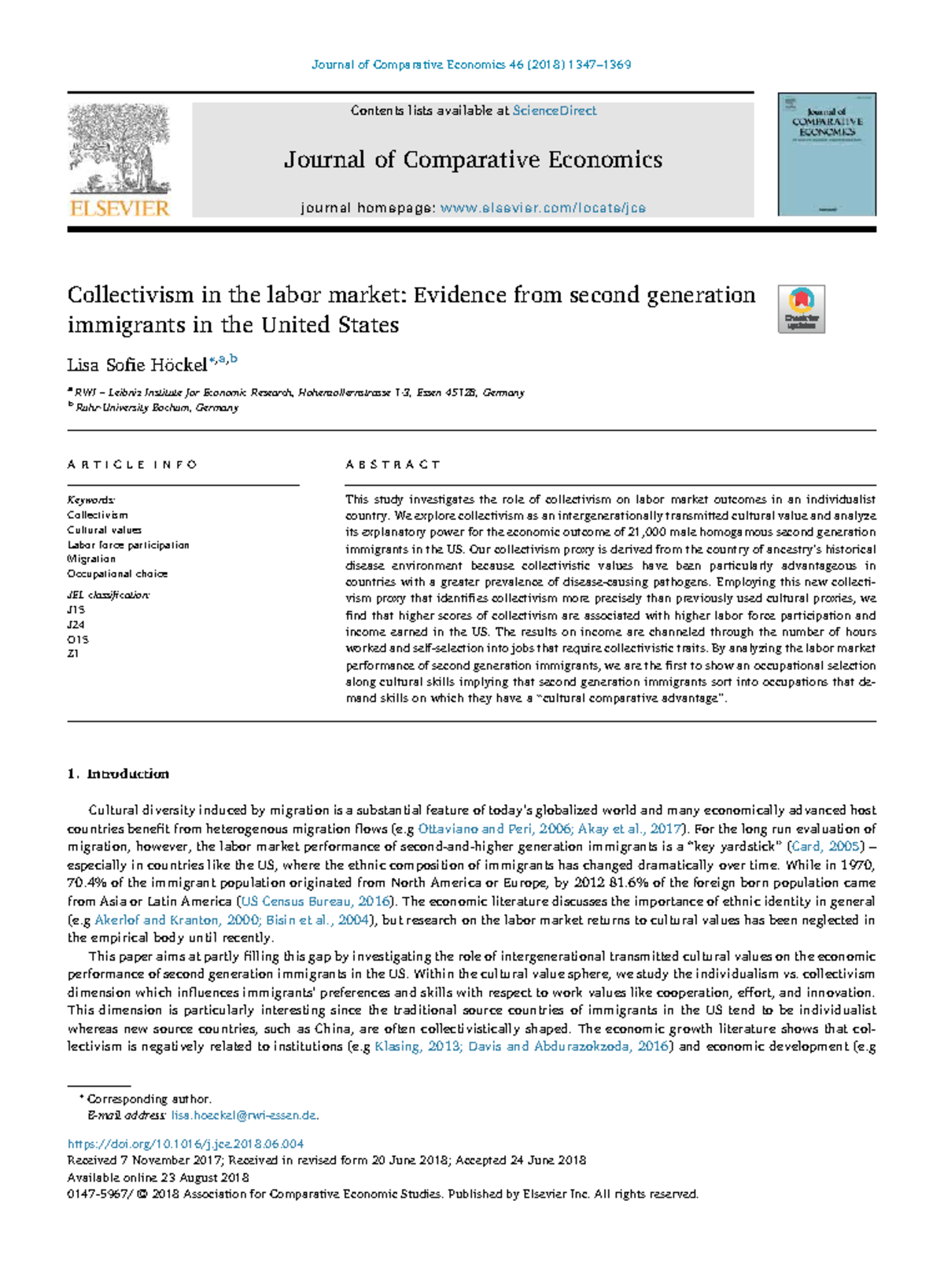 Collectivism and Labor Market Outcomes: Evidence from Second-Generation ...