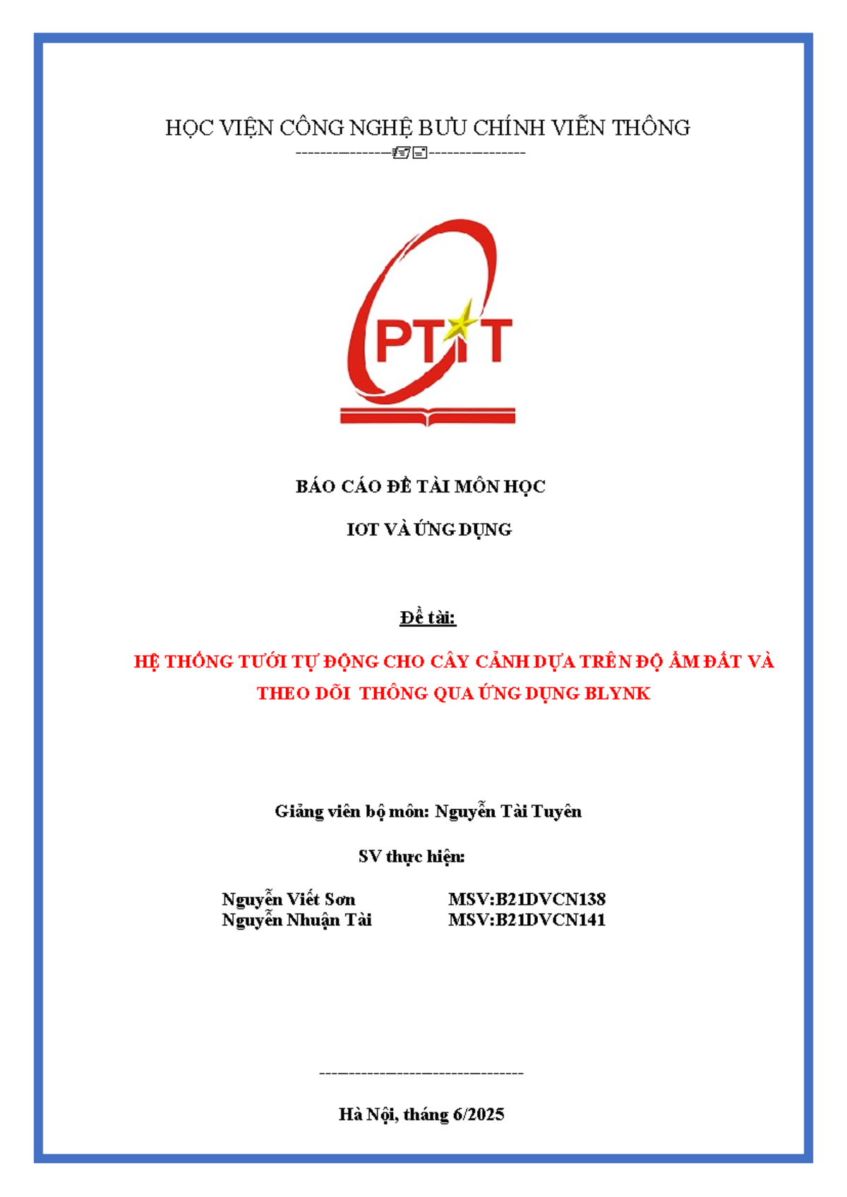 HỆ THỐNG TƯỚI TỰ ĐỘNG CHO CÂY CẢNH TRÊN NỀN TẢNG IOT - Studocu