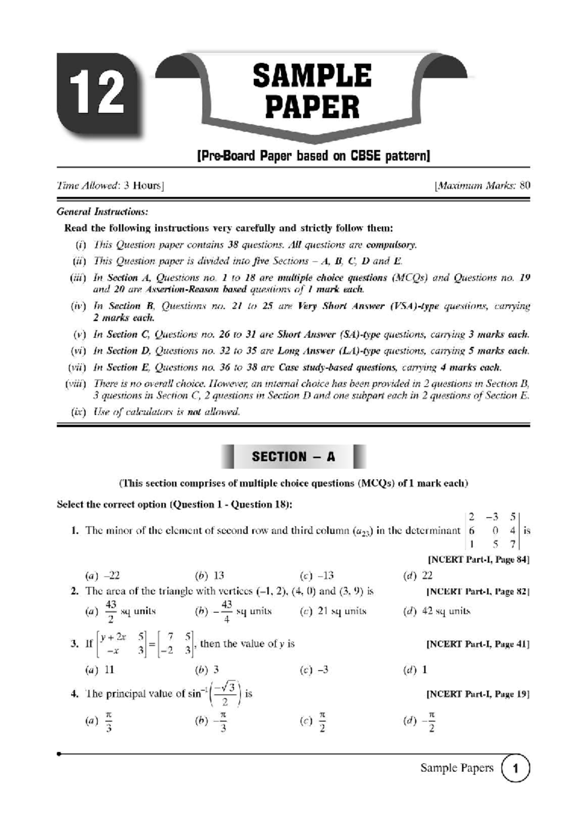 Cbse Class 12 EAD Mathematics 2026 Pre-Board Sample Paper 12 - Studocu