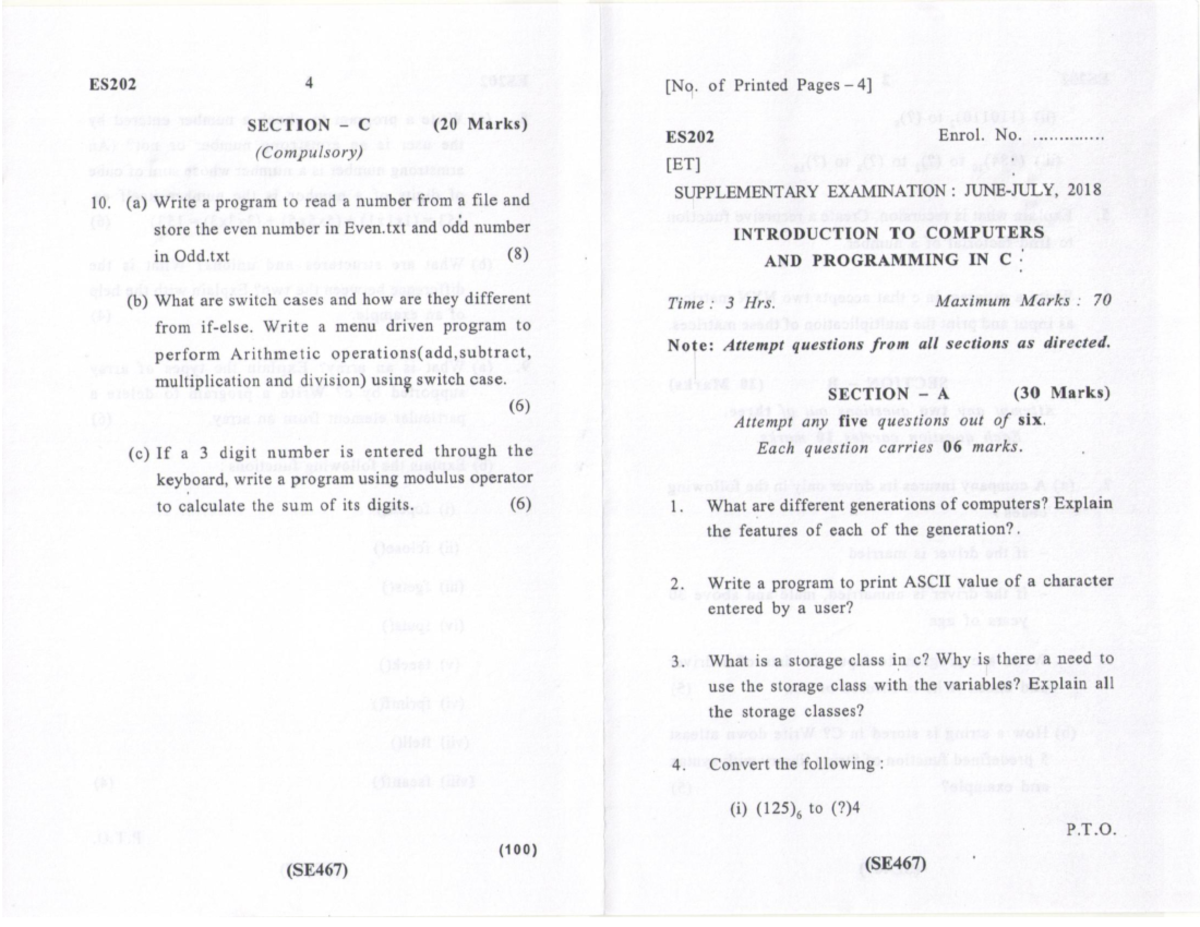 Introduction to computers and programming in c, ES202 (ET), June-July ...