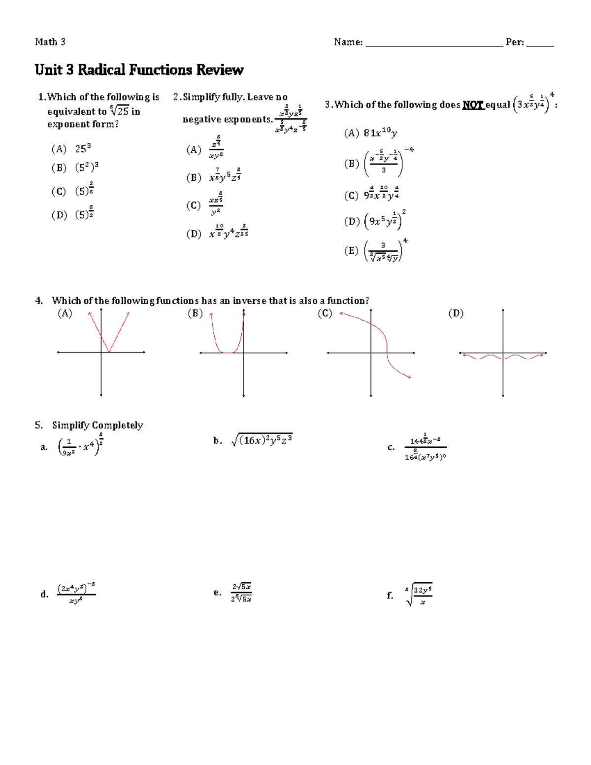 Math 3 Unit 3 Radical Functions Review Packet - Studocu