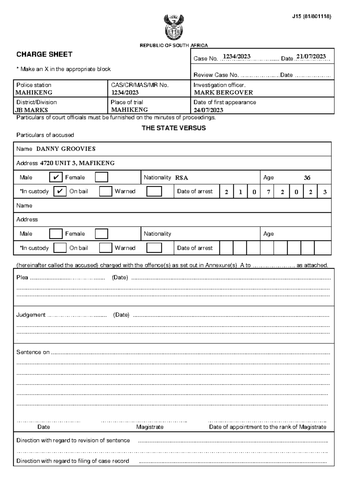 Charge Sheet Annexure J15 for Case No. 81/801118 - Studocu
