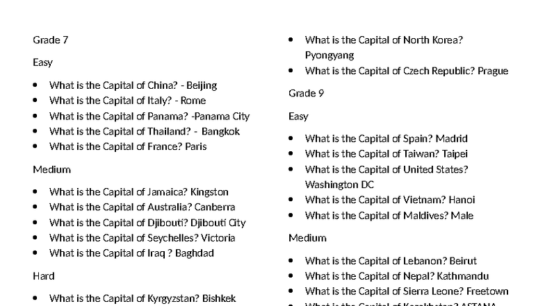 Grade 7-9 Capitals Quiz: Easy to Hard Questions - Studocu