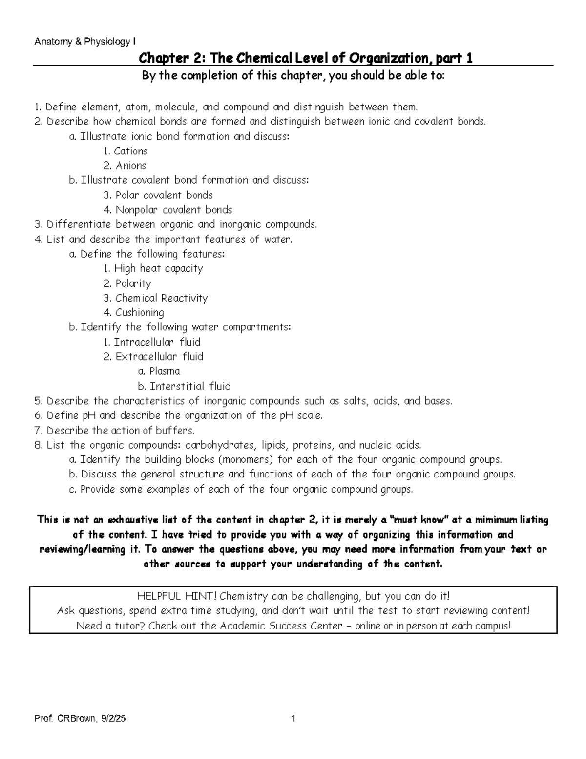 Anatomy & Physiology I: Chapter 2 - The Chemical Level of Organization ...