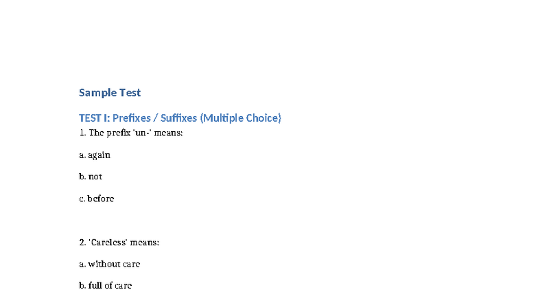 Sample Test: Prefixes, Suffixes, and Word Formation (TEST I-IV) - Studocu
