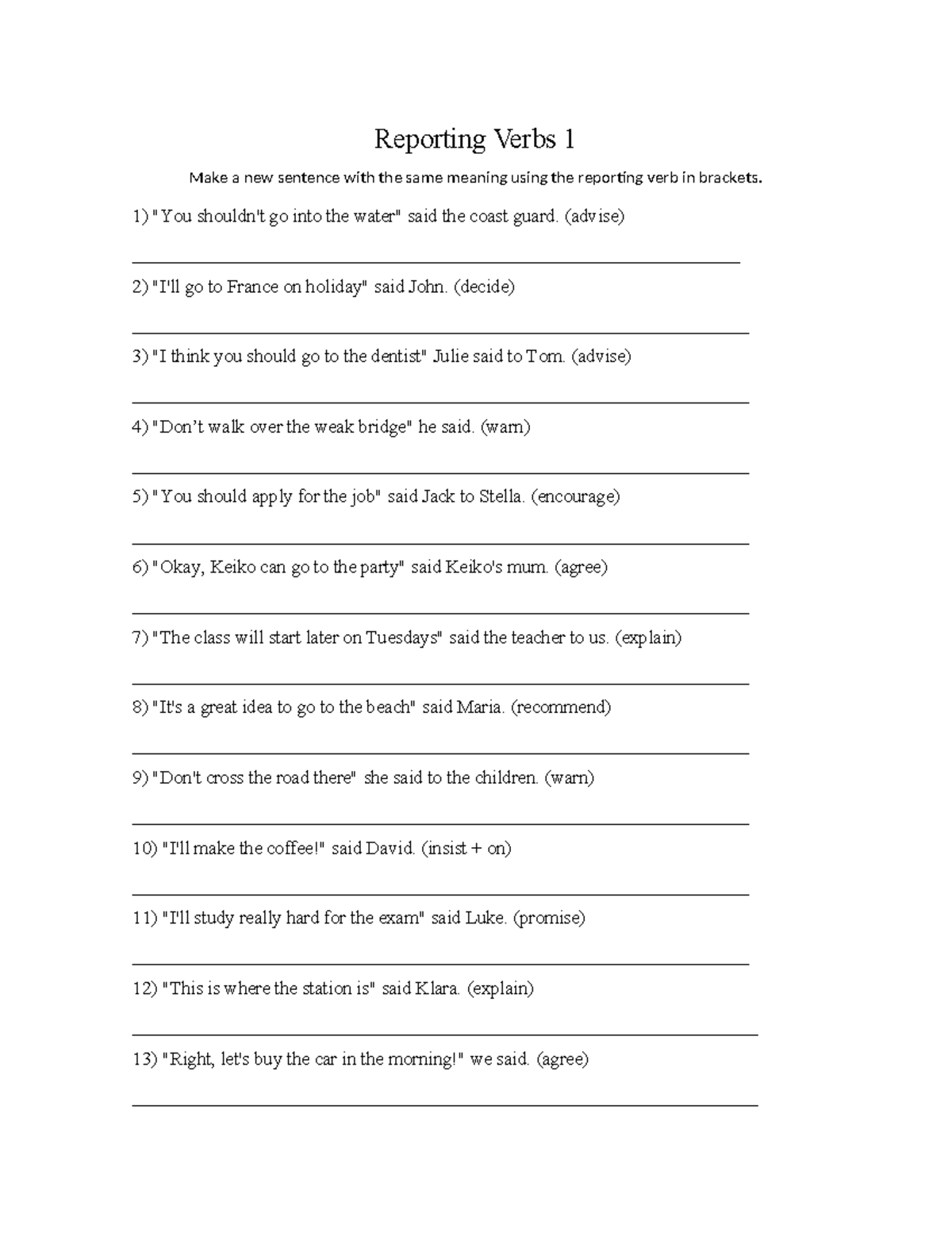 Reporting Verbs 1 - Practice Exercises for Sentence Transformation ...