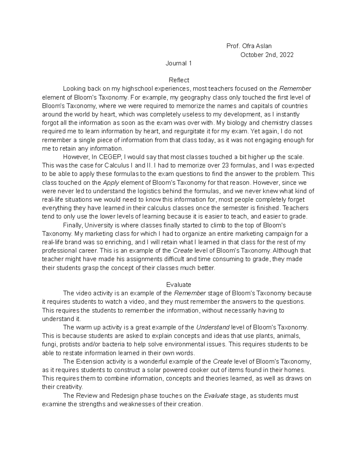 EDUC 307 Journal 1: Reflecting on Bloom's Taxonomy in Education - Studocu
