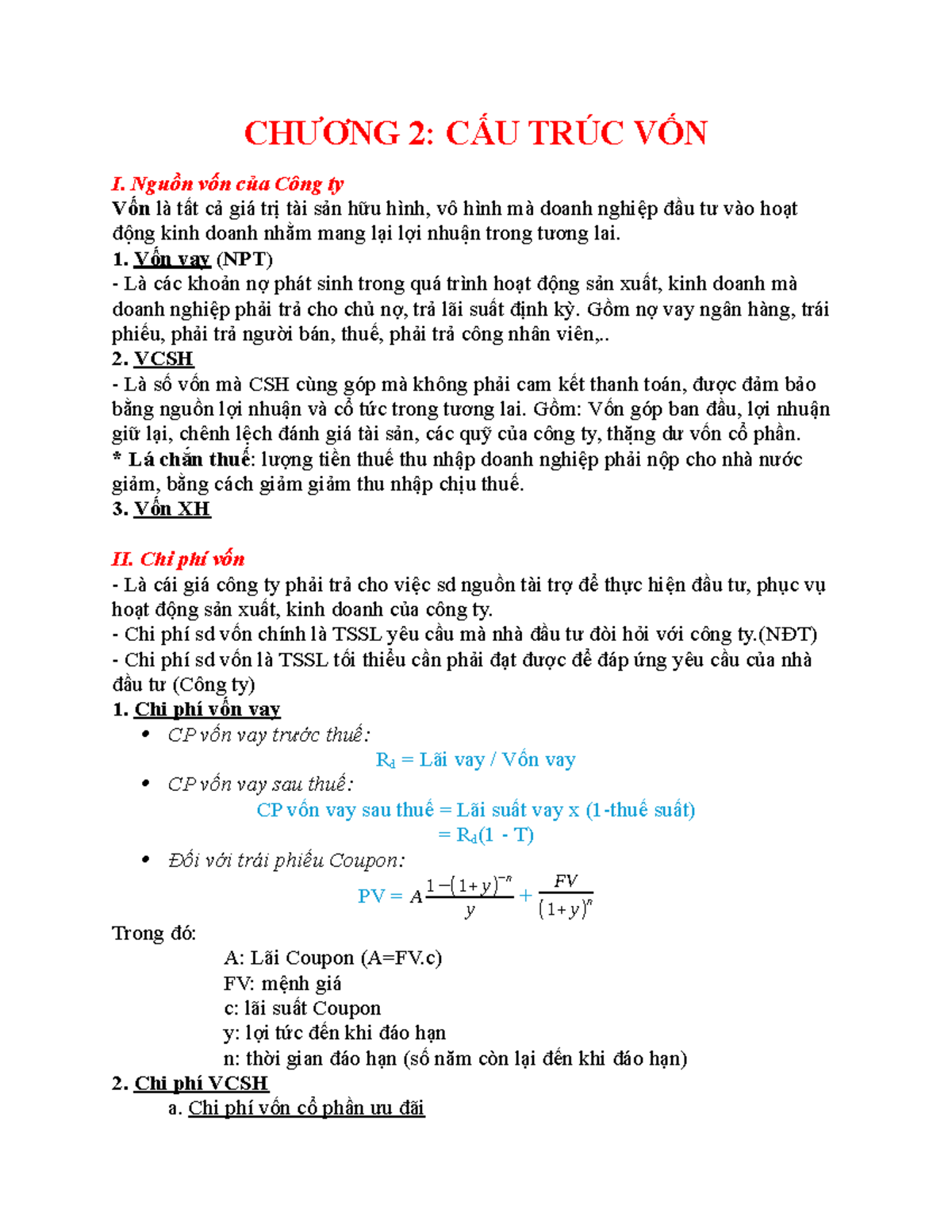 CHƯƠNG 2: Nguồn Vốn và Chi Phí Vốn của Công Ty (NPT) - Studocu
