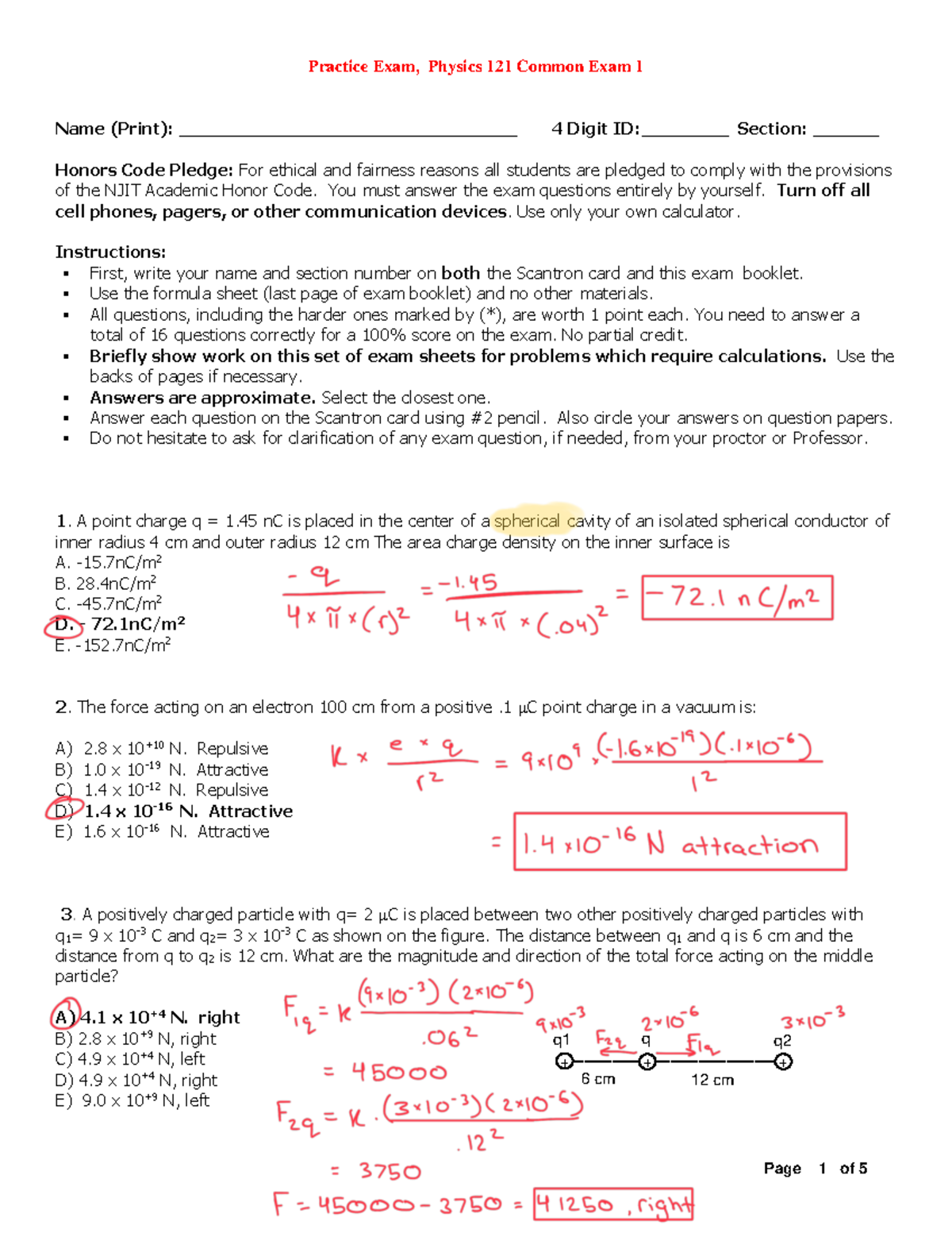 Practice Exam 1, Physics 121, Spring 2022: Key Problems & Solutions ...