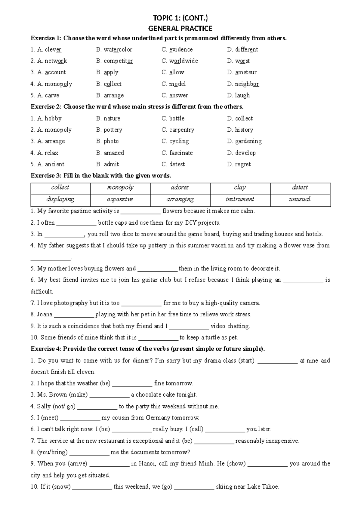 General Practice Exercises for U1: Pronunciation, Stress, and Tenses ...