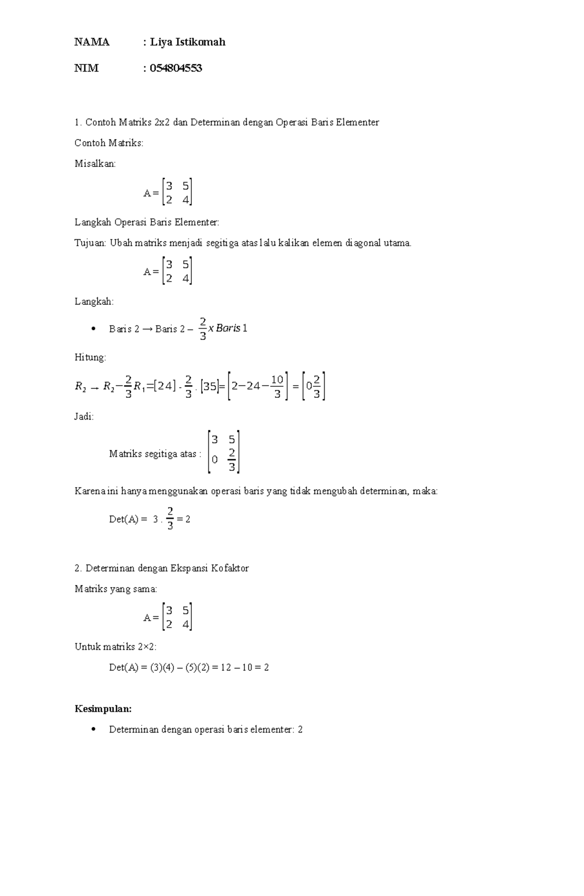 Diskusi 4: Matriks 2x2 dan Determinan dengan Operasi Baris Elementer ...