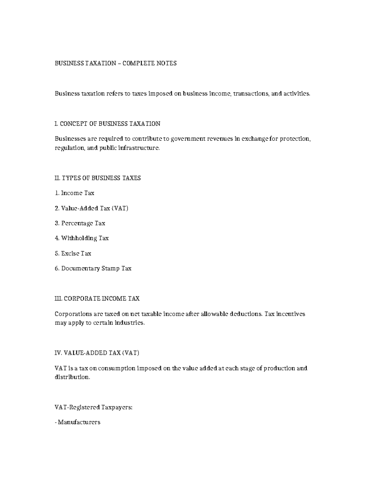 BUSINESS TAXATION NOTES: TYPES & CONCEPTS - Studocu