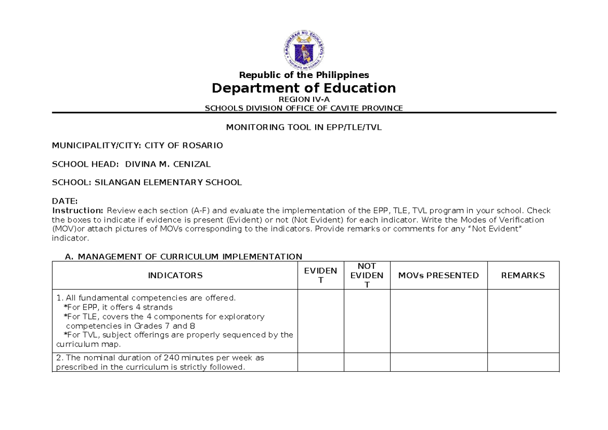 Monitoring Tool for EPP, TLE, TVL Implementation in Schools - Studocu