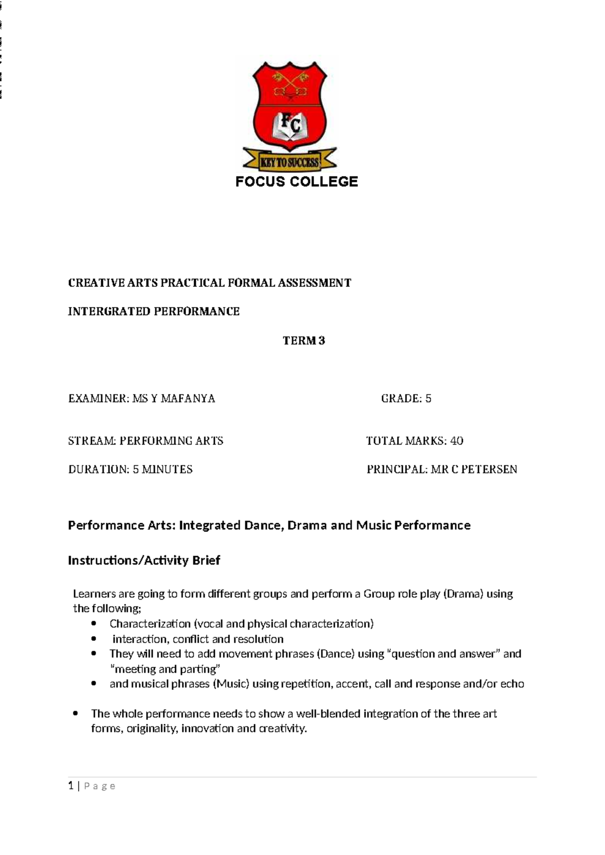 Grade 5 Creative Arts: Integrated Performance Assessment Notes - Studocu