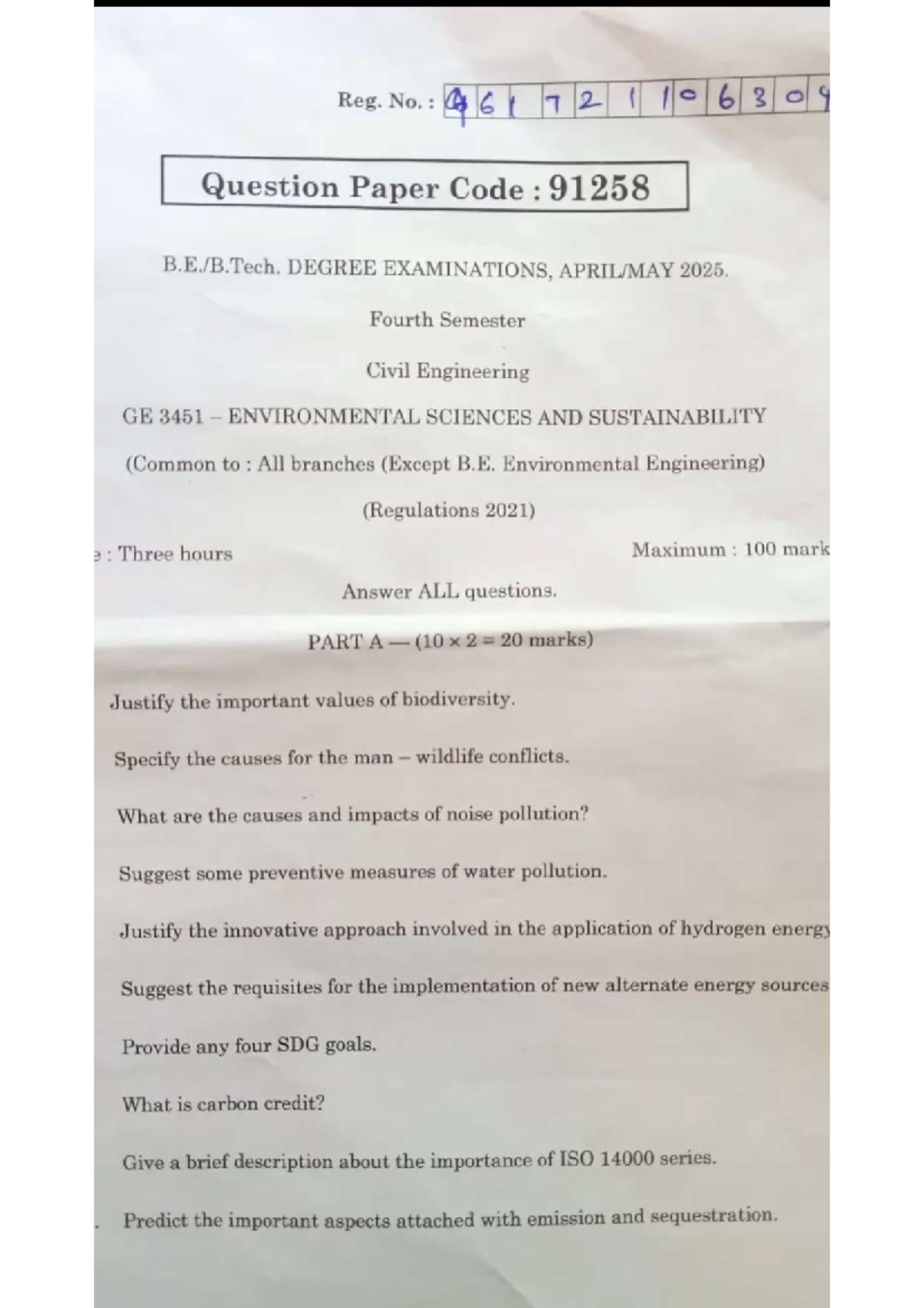 GE 3451 Environmental Sciences & Sustainability Exam QP 91258 - Studocu